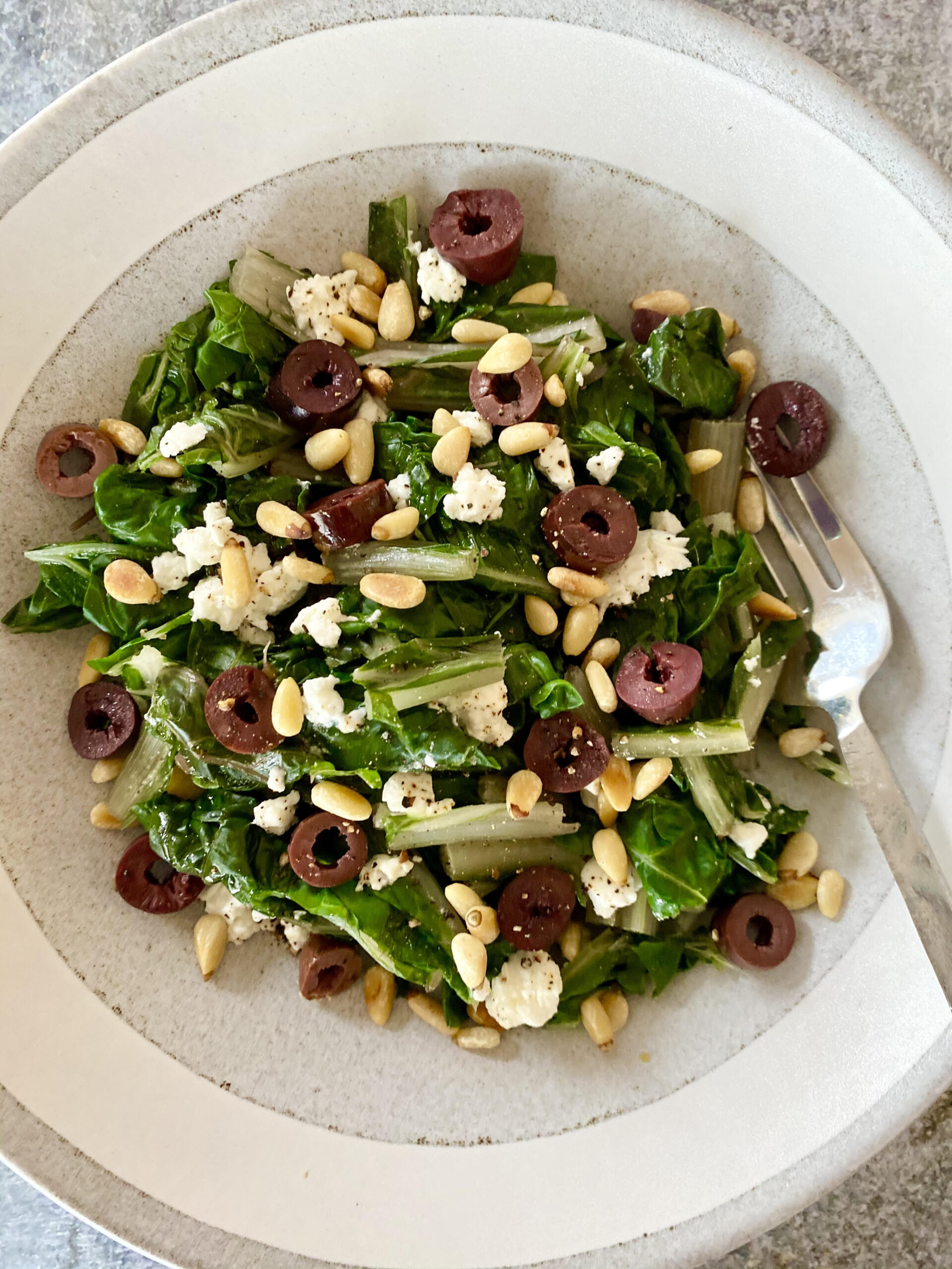 Swiss Chard with Feta, Olives, and Pine Nuts - Sacha Served What