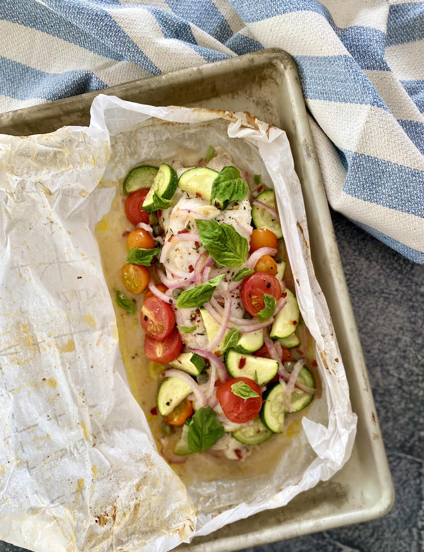 Fluke Cooked in Parchment with Zucchini and Tomatoes