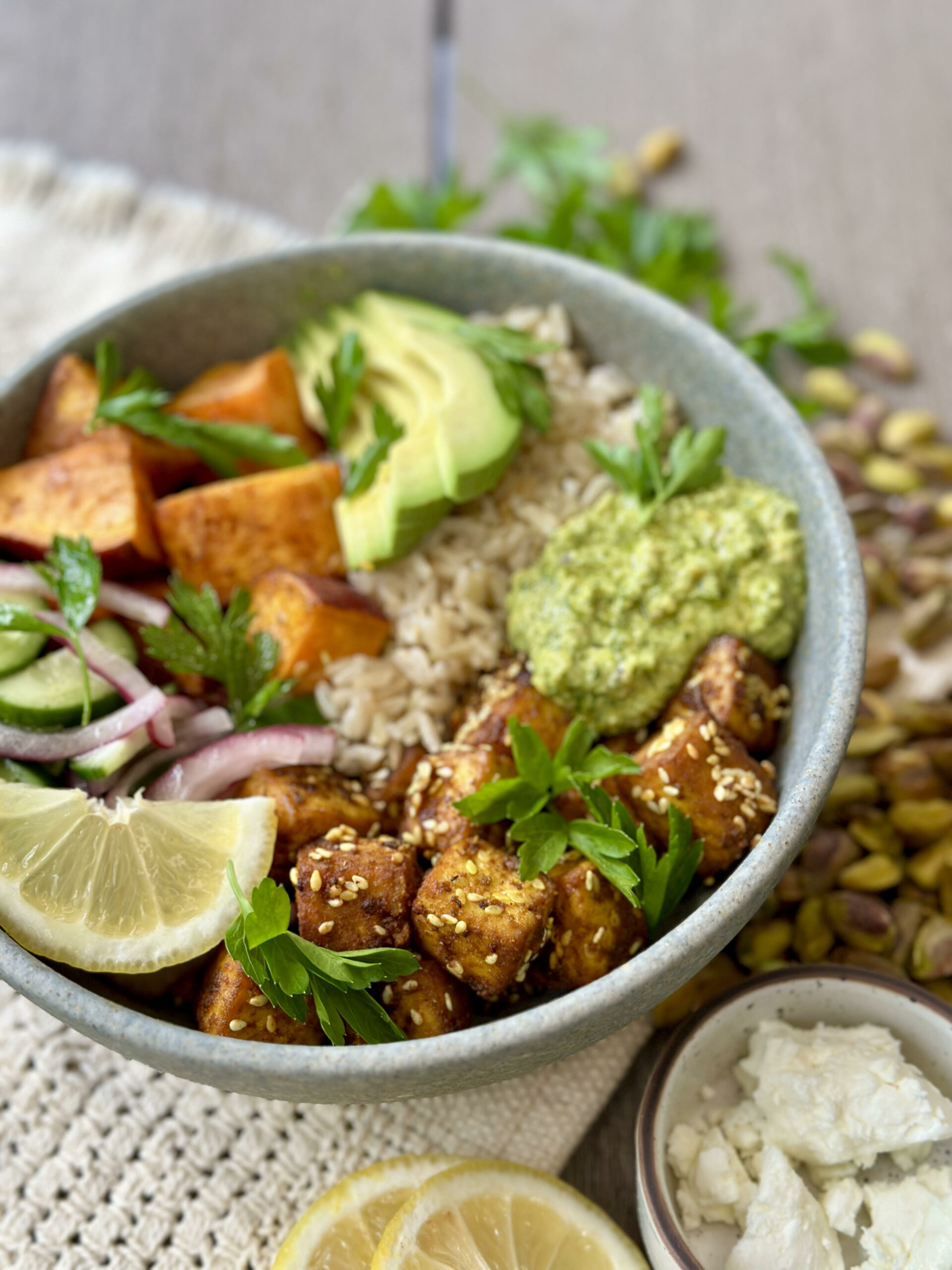 Mediterranean Tofu Bowls with Pistachio Feta Pesto - Sacha Served What